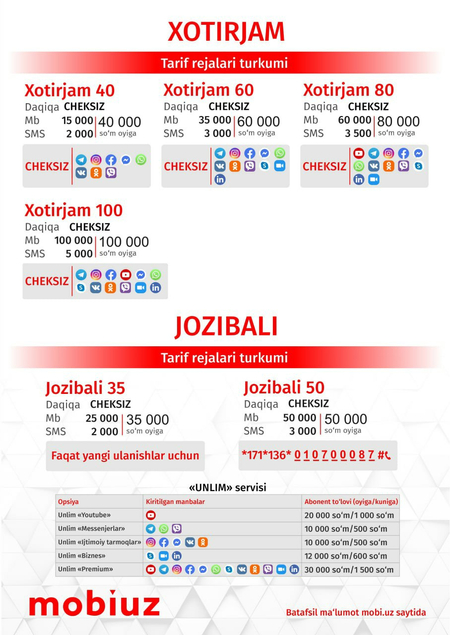 MOBI.UZ dan XOTIRJAM tarif rejalari