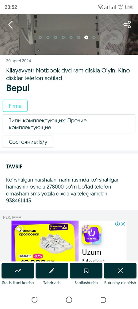 1Kilabiyatura 2telefon 3Kino va oʻyin disk 4.Notbook dividi ram sotila