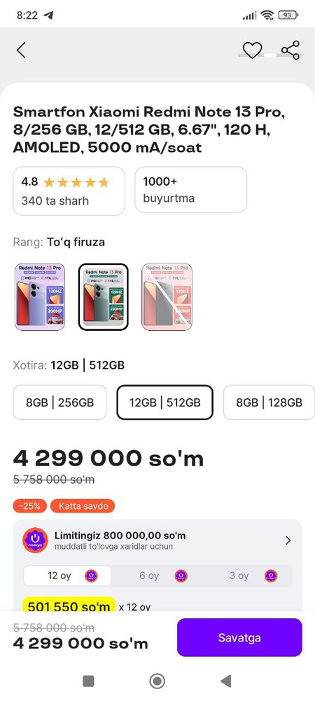 Redmi not 13 pro 12+6 RAM  512 Xotir i