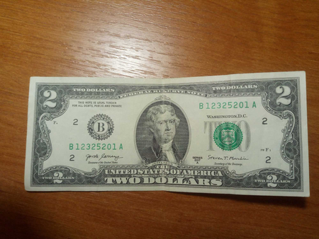 Двухдолларовая купюра США. 2 доллара.Два доллара