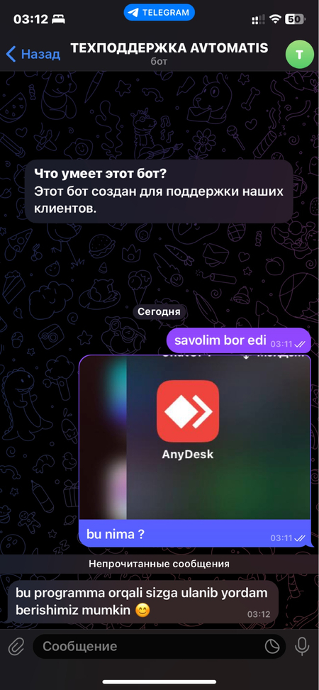 Telegram bot mijozlarga texnik yordam uchun