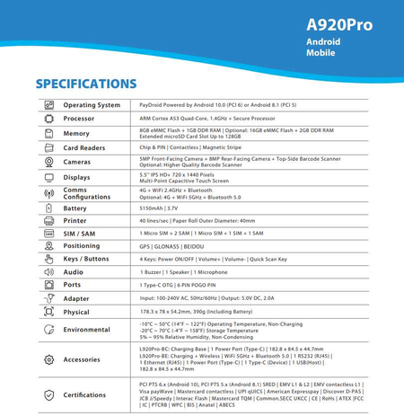 PAX A920 Pro 4G+NFC+WiFi (kassa apparati, кассовый аппарат)