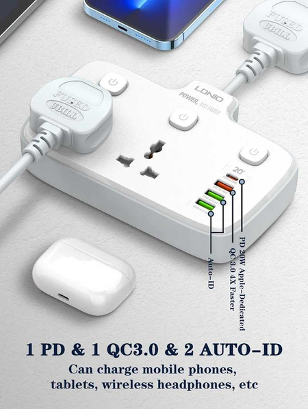 Удлинитель сетевой LDNIO SC2413 /2 розетки, 2 USB, 1PD Turbo, QC3.0,