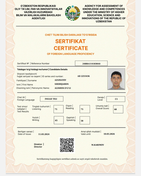 CEFR C1-B2 milliy sertifikatdan