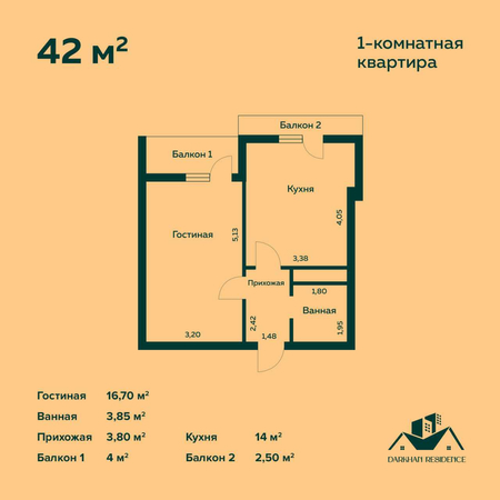 ЖК Darkhan Residence 2-комнатная СТУДИЯ 42м2 КОРОБКА 7-этажж СРОЧНАЯ!!
