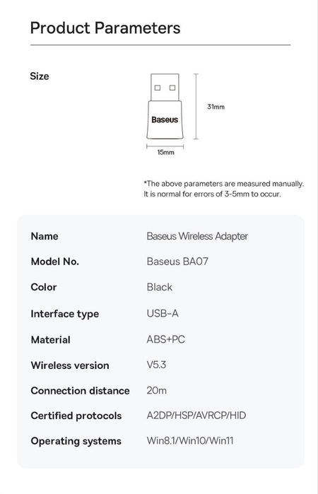 Baseus Bluetoth 5.3 Ba07 Блютуз адаптер
