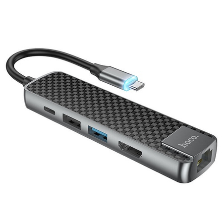 Type-C хаб Hoco HB23 HDMI + USB3.0 + USB2.0 + RJ45 + PD, черный.