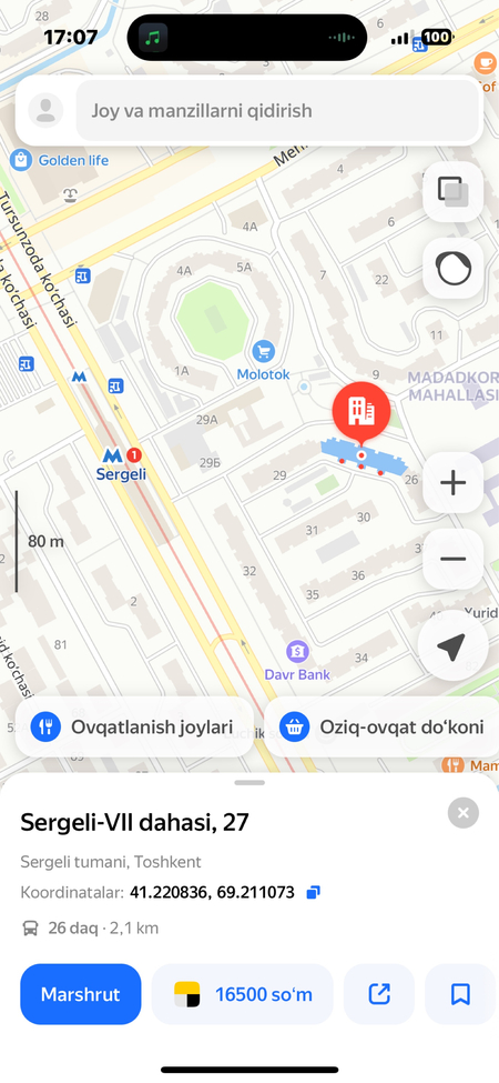 Sergeli 3- bekat yonida sheriklikka kv