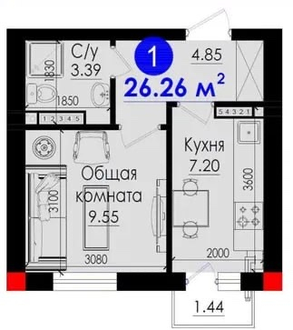 Коробка 1-комнатная 27 м2 в ЖК ДУСТЛИК Ул ОШ УзБум Кадастр есть!