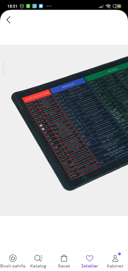 Word, Excel shortscutlari yozilgan o'zbek tilidagi kompyuter kovrik