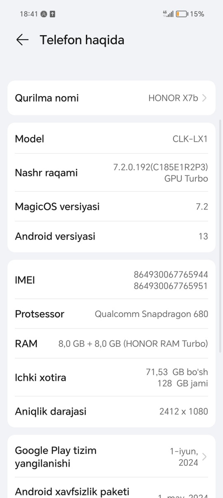 Xonor X7b sotiladi 128 gb holat yaxshi