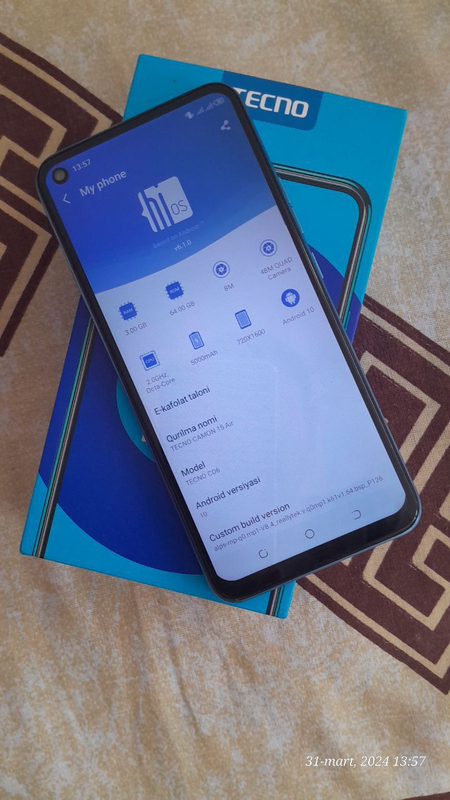 TECNO CAMON 15 AIR Sotiladi holati yaxshi 1 qoʻl ishlagan