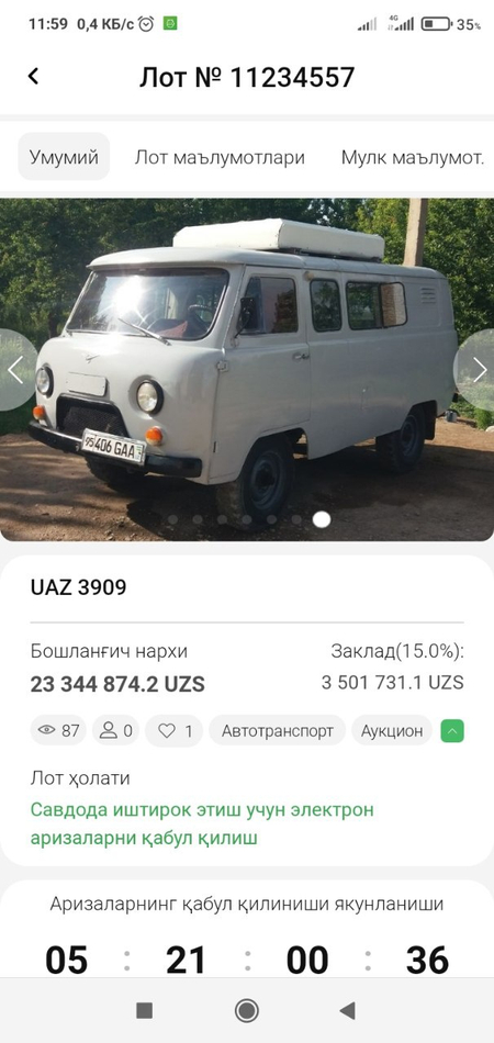 УАЗ 3909 auksion arqali satiladi