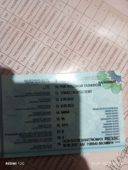 Raf dakumenti zur Yuk yulovchi bortli tentli. Metan gaz hammajoyi ishl