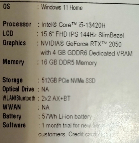 Acer.Core i5 13420h/16gb ddr5/RTX 2050/512gb ssd/15.6\\\