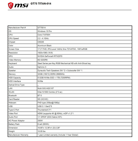 MSI GT75 Titan 8SF