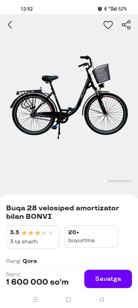 Buqa 28 velosiped amortizator bilan BONVI rangi qora