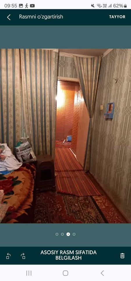 Zangiota tumani hokimligi yonidagi 1 xonali kvartira sotiladi.