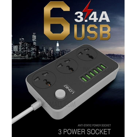Сетевой фильтр 2 метра LDNIO SC3604 3 евро розетки 220V 6 USB портов