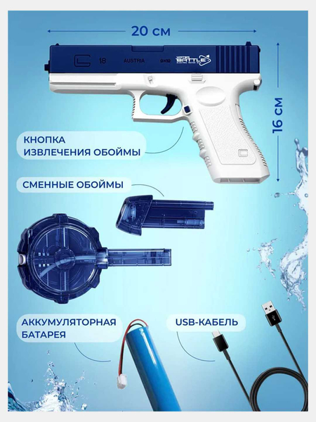 Водяной пистолет электрический, игрушечное оружие для детей GLOCK,