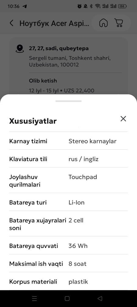 Acer noutbook holati yangi