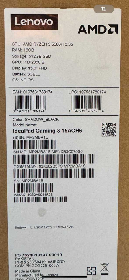 Lenovo Gaming 3 Ryzen™ 5-5500H озу16гб 512ssd NVIDIA RTX 2050