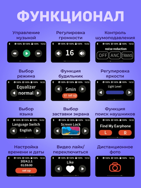 Наушники bluetooth беспроводные с сенсорным дисплеем android/IOS