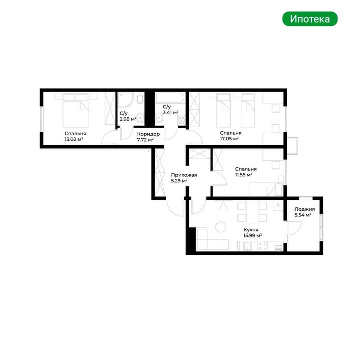 3-к квартира Assalom Jomiy. Ипотека 15%