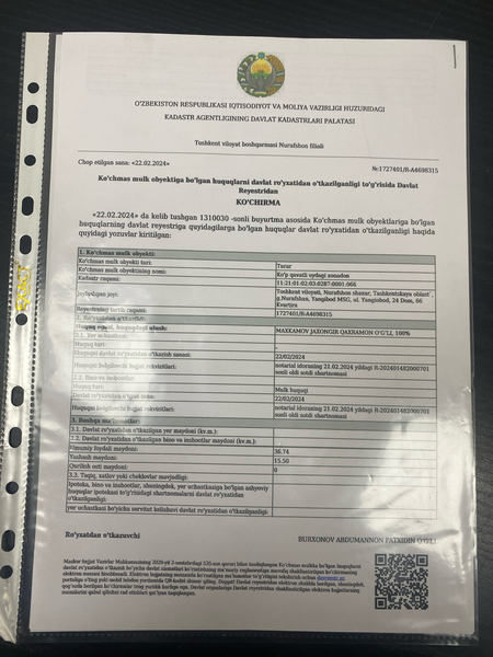 Nurafshon place da 1 xonali uy tez va arzon sotiladi