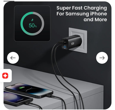 Зарядное устройство ASOMETECH GaN USB Type C, 65 Вт, 45 Вт