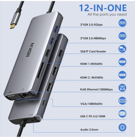 Док-станция USB C с двумя мониторами двойной адаптер HDMI 12 в 1