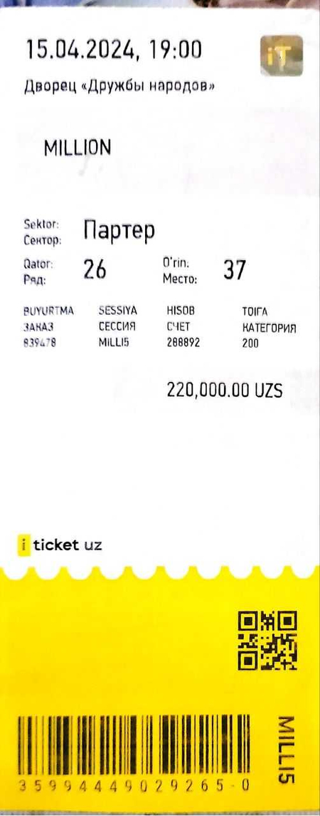 Million konsertiga o'rta qatordagi eng yaxshi joylar