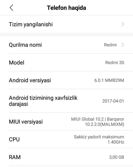 Model: Redmi 3S     Holati: Yaxshi