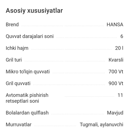 Mikroto'lqinli pech HANSA