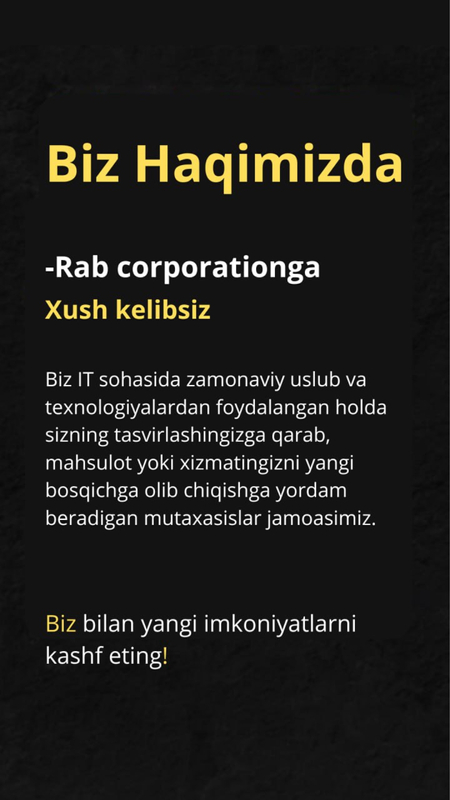 RAB corporation siz uchun: Mobil ilova, Sayt va logo tayyorlab beradi