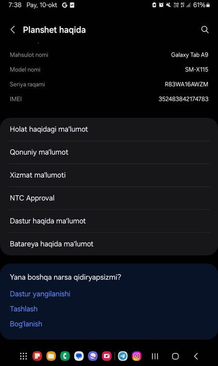 Galaxy tab a9 juda ideal holatda yengi usta kõrmagan