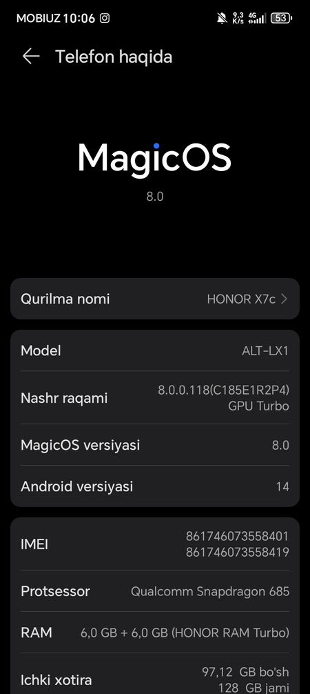 Honor x7c holati yagi