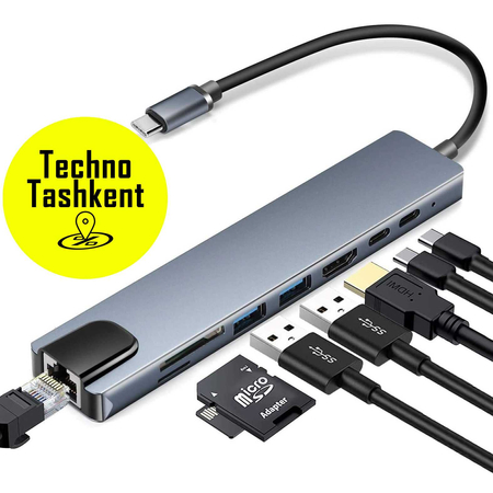Type-C хаб на 8 портов: HDMI, USB 3.0x2, Type C x2, Ethernet, SD/TF