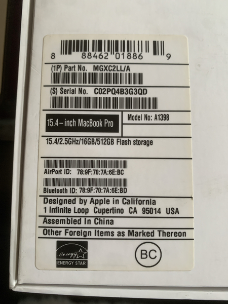 2014 • Macbook Pro • i7 • 16GB • 512 SSD • A1398