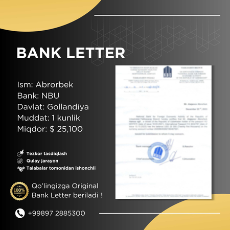 Chet elda o'qish uchun bir kunlik Bank letter xizmati