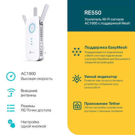 RE550 Усилитель сигнала репитр Wi‑Fi AC1900 с поддержкой Mesh