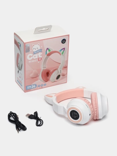 Беспроводные наушники кошачьи ушки bluetooth, aux Led FM