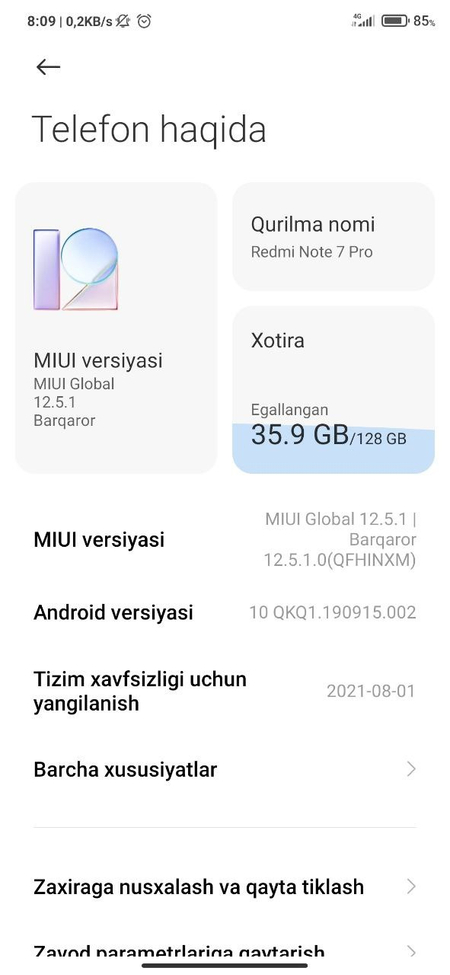 Redmi not 7 pro xotira 128 apearatika 6