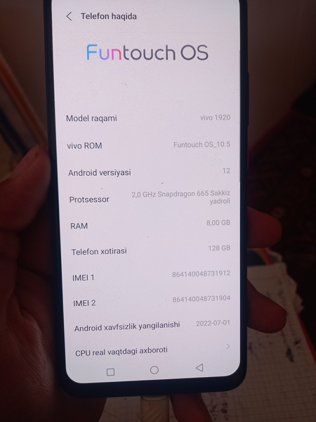 Vivo V17 8+4/128 gb 120hz ekran 2022 yil