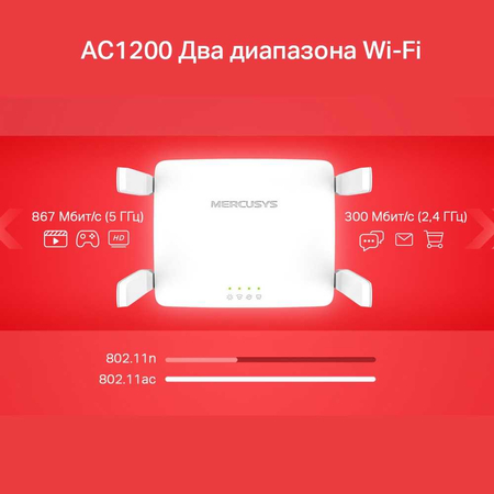 WiFi роутер Mercusys AC10 AC1200 двухдиапазонный с высокой скоростью