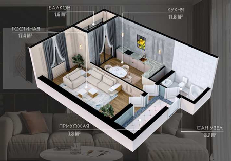 1 xonali novostroyka 41,5m2 Mirobod tumani 32745 у.е. [SD]