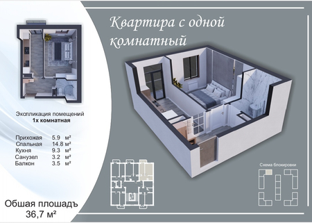 36,7 м.кв Новостройка. В конце апреля 2025 году. Под ключ.