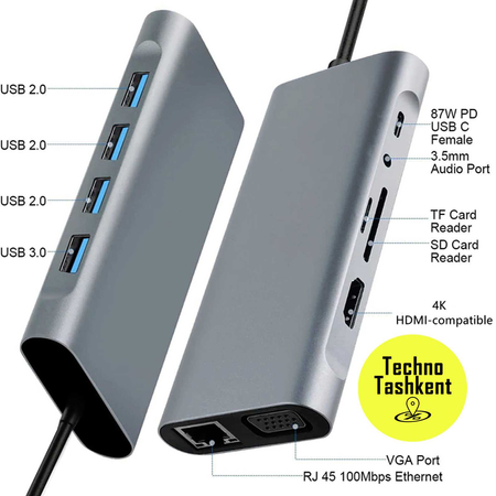 Type-C Hub 11 in 1 (Hdmi/Lan/Usb/VGA/Audio) (Garantiya) (Dostavka Bor)