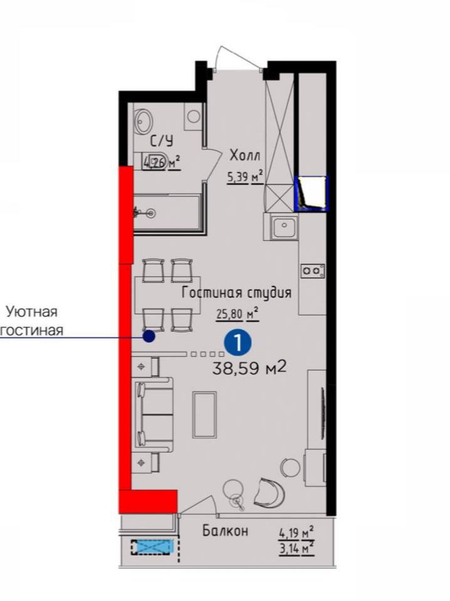 Продается квартира 1/25/26 39м2 в ЖК «NRG U Tower» на Дружбе Народов