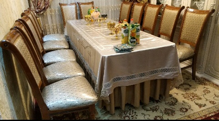 Zontik osh~qozonlar (o‘tin) stol-stul, Dasturxon, chinni idish, SHirma